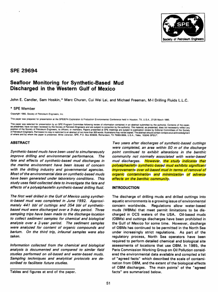 SPE 29694 Seafloor Monitoring For Synthetic-Based Mud Discharged in The ...