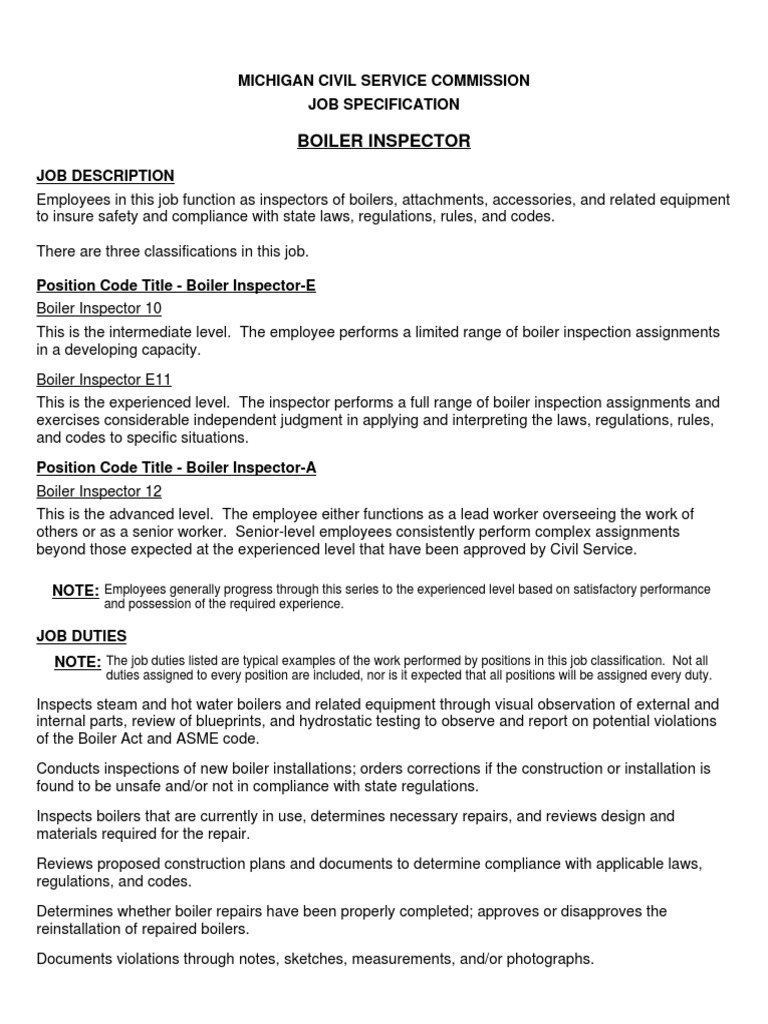 Boiler Inspector: Michigan Civil Service Commission Job Specification ...