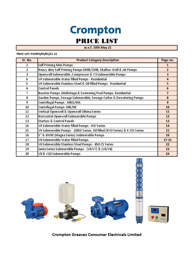 Crompton 4w Series Submersible Pump | PDF | Pump | Energy Technology