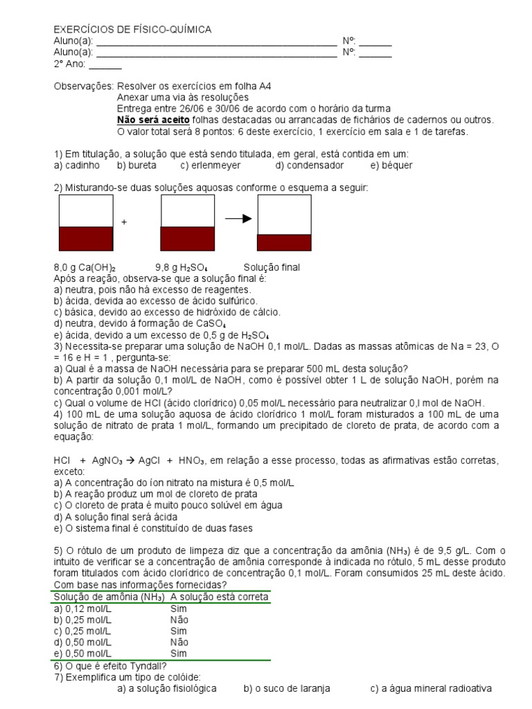 ExercÍcios De FÍsico QuÍmica Ácido Solução