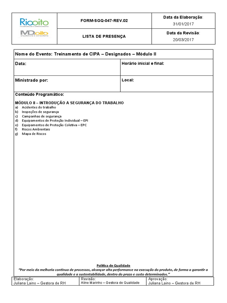 Form-Sgq-047-Rev.02 Lista de Treinamento - Cipa - Módulo Ii | PDF