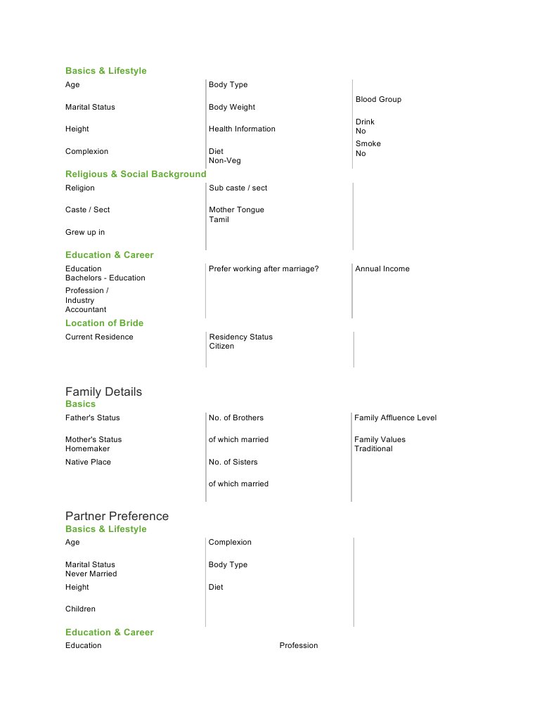 Bride Profile: Basics & Lifestyle Details | PDF | Wellness