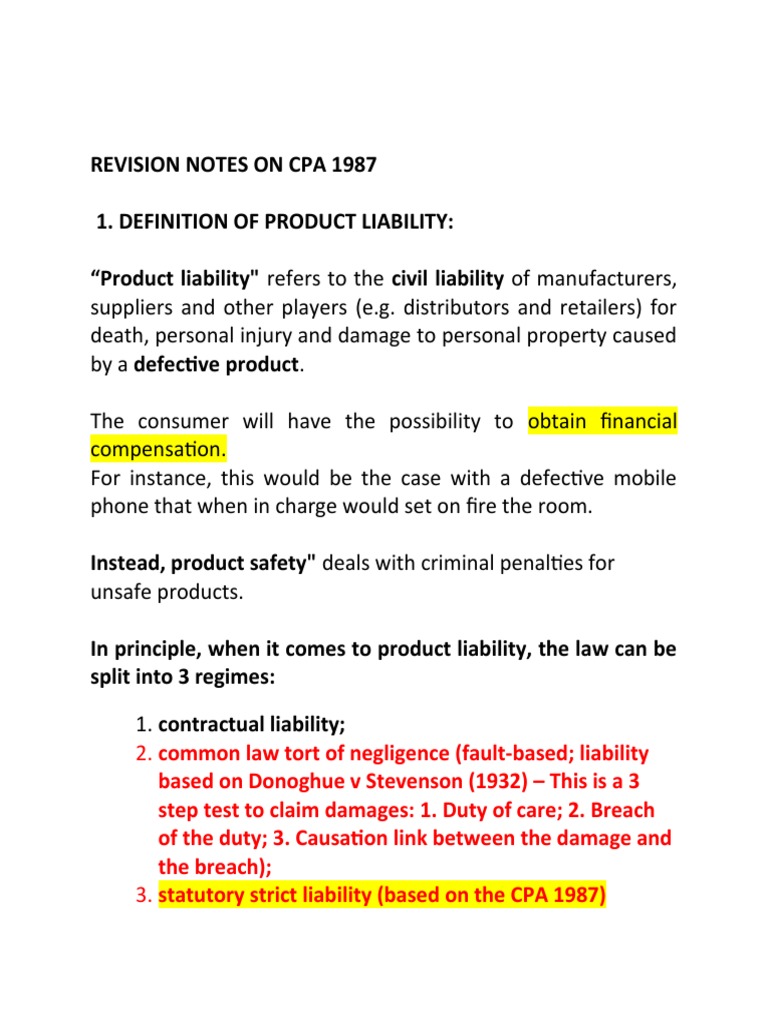 Revision Notes On Cpa 1987 | PDF | Product Liability | Tort