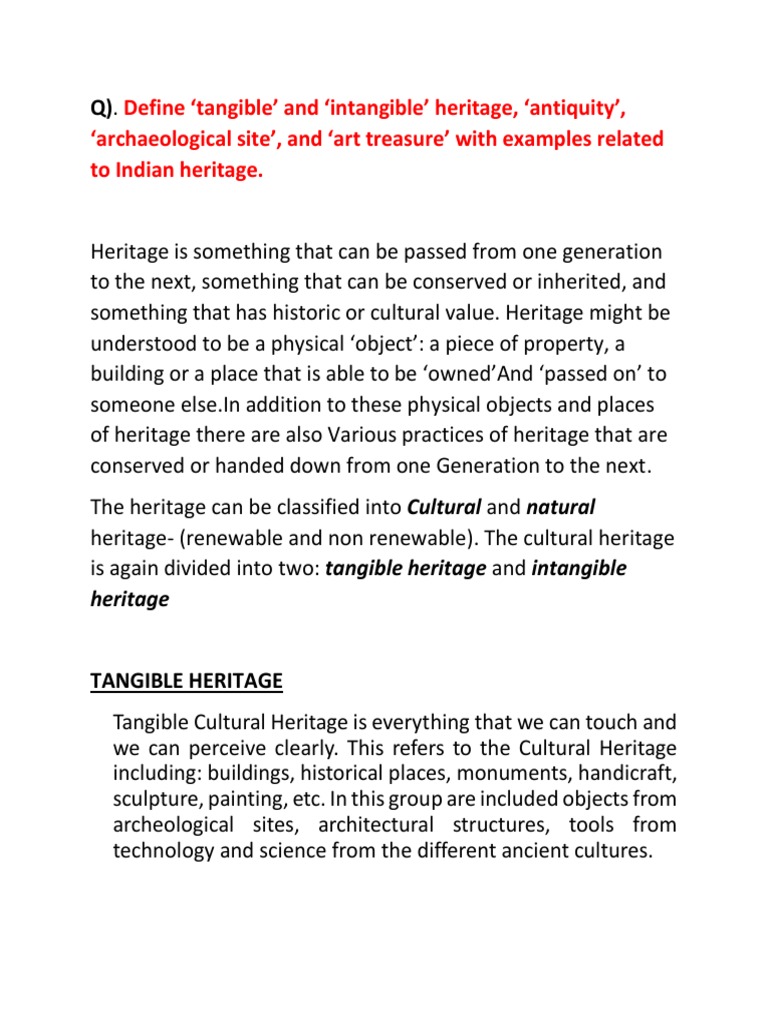Define Tangible' and Intangible' Heritage, Antiquity', Archaeological ...