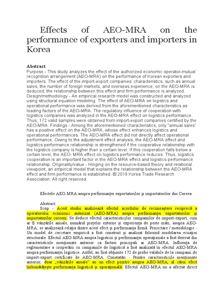 Effects of AEO-MRA On The Performance of Exporters and Importers in ...