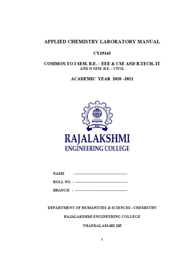 Applied Chemistry Laboratory Manual: CY19143 Common To I Sem. B.E. - Eee & Cse and B.Tech.-It ...