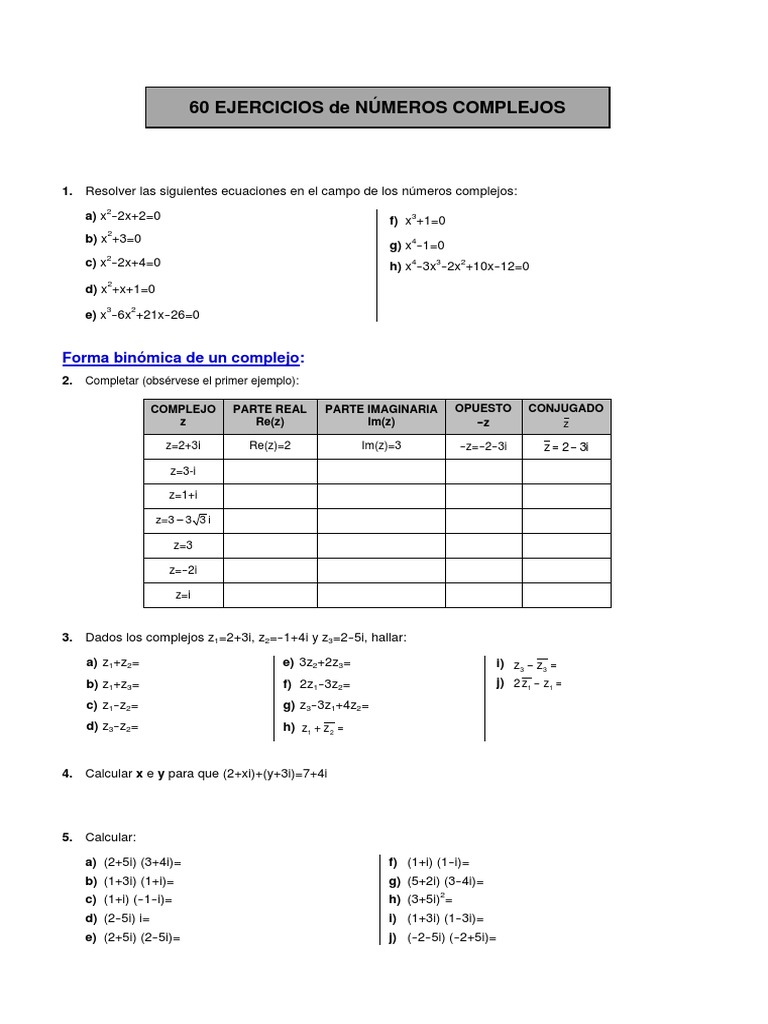 60 Ejercicios de Números Complejos | PDF | Número complejo | Ecuaciones