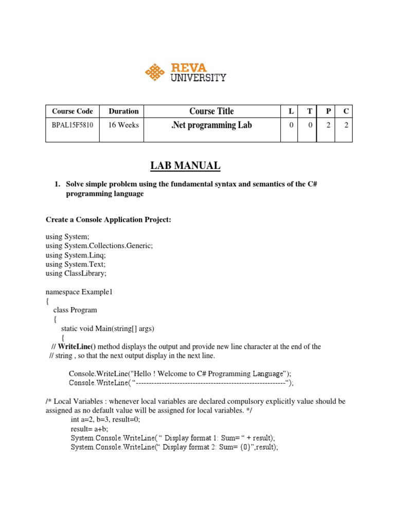 Dot Net LAb Manual - 5th Sem BCA | PDF | C Sharp (Programming Language) | Parameter (Computer ...