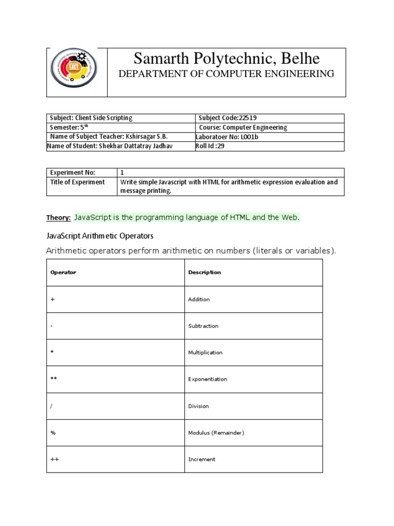 Samarth Polytechnic, Belhe: Department of Computer Engineering | Download Free PDF | Java Script ...