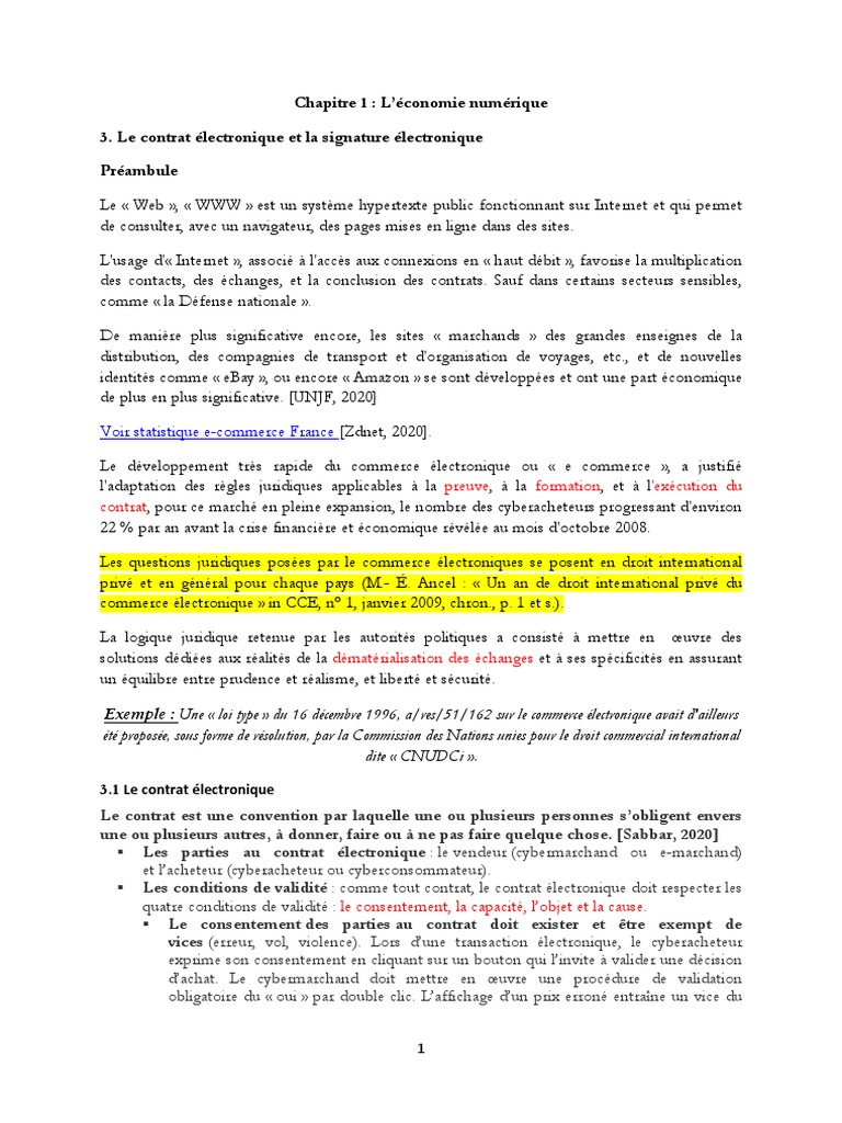 Chap1 Economie Numerique 1 3 Le Contrat Electronique Et La Signature ...