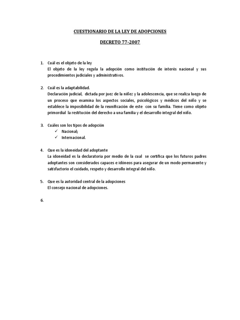 Cuestionario de La Ley de Adopciones | PDF