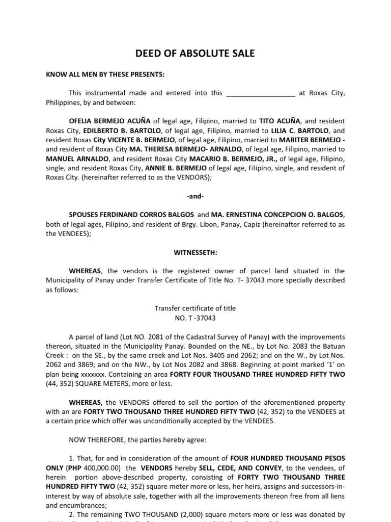 Deed of Absolute Sale | Land Lot | Urban