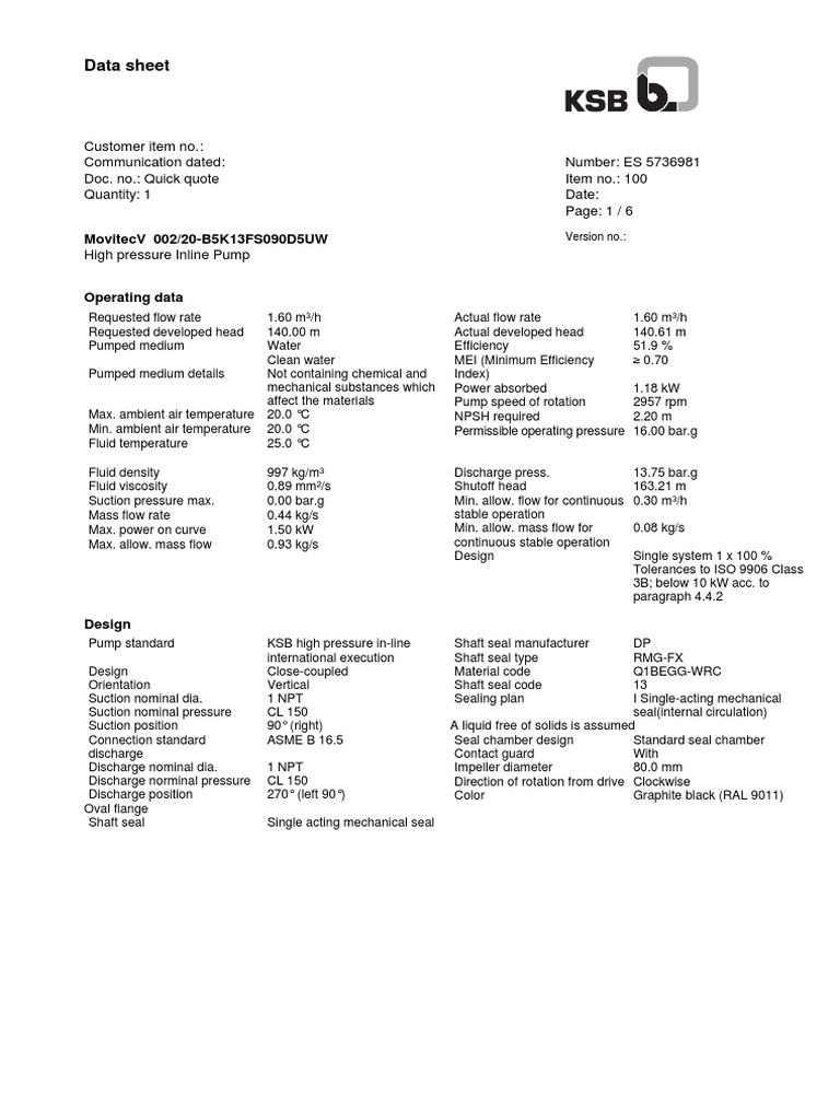 KSB Movitec High Pressure Pump Data Sheet | PDF | Pump | Electric Motor