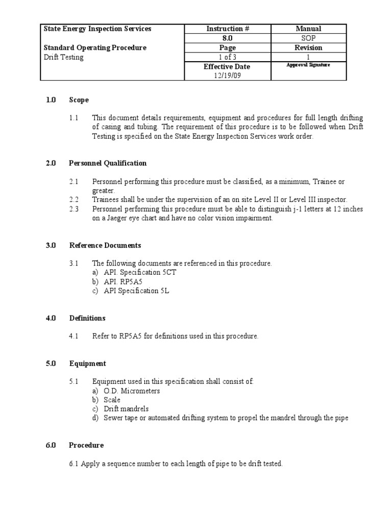 Drift Testing Procedure for Pipes | PDF | Pipe (Fluid Conveyance ...