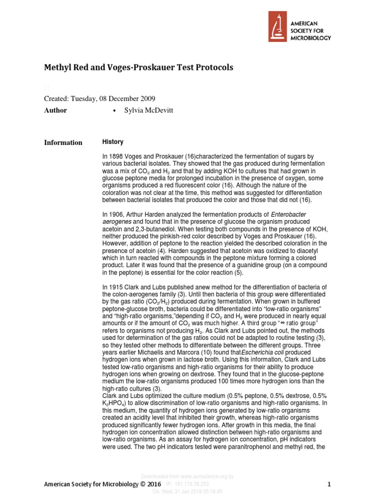 Methyl Red and Voges-Proskauer Test Protocols | PDF | Fermentation | Ph