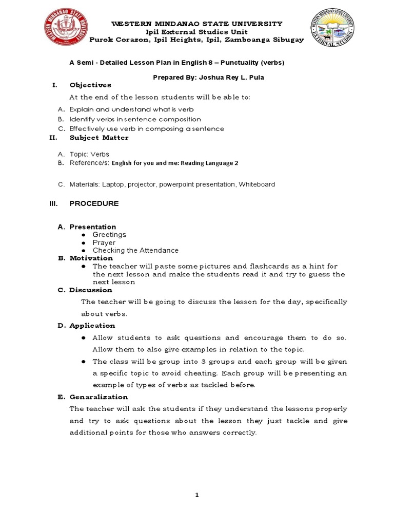 A Semi - Detailed Lesson Plan in English 8 - Punctuality (Verbs ...