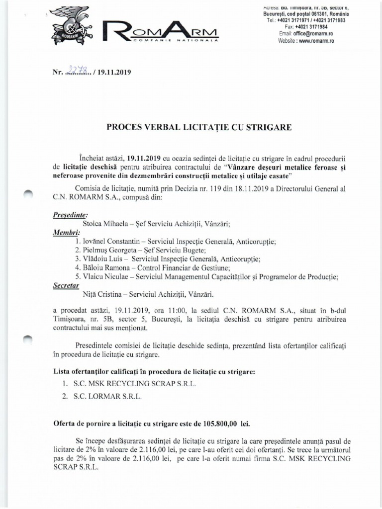 Proces Verbal Licitatie Cu Strigare | PDF