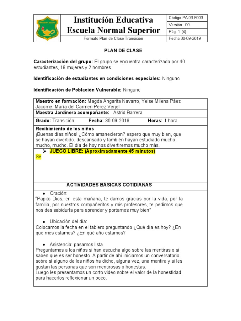 Plan de Clase Preescolar | Descargar gratis PDF | Aprendizaje ...