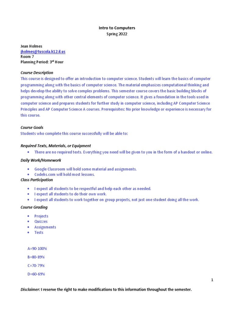 Intro To Computers Syllabus Spring 2022 | PDF | Science | Computer Science