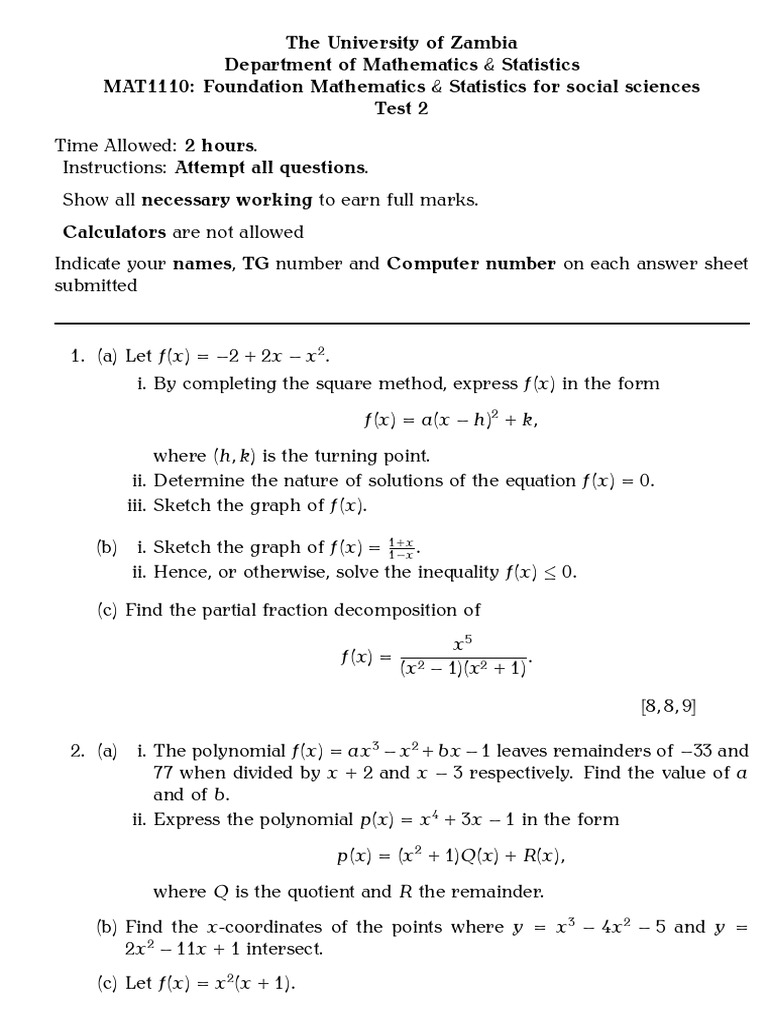 The University of Zambia Department of Mathematics & Statistics MAT1110 ...