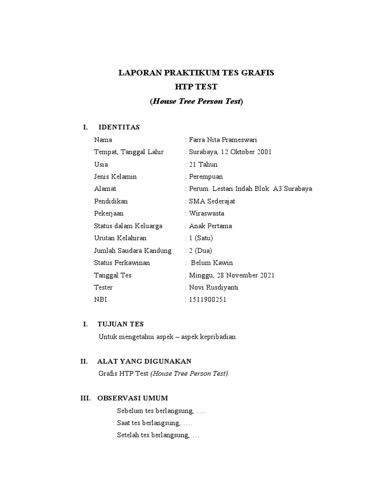 Laporan Praktikum Tes Grafis HTP Test (House Tree Person Test) | PDF