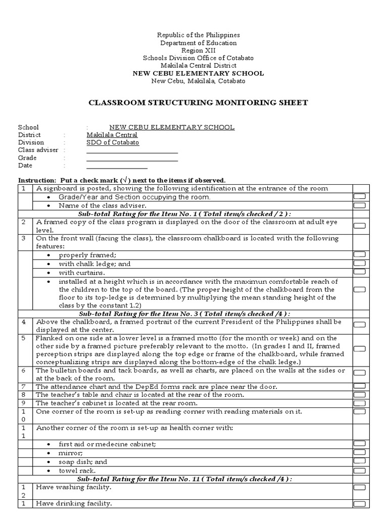 Classroom Structuring Monitoring Sheet 1 | Download Free PDF ...
