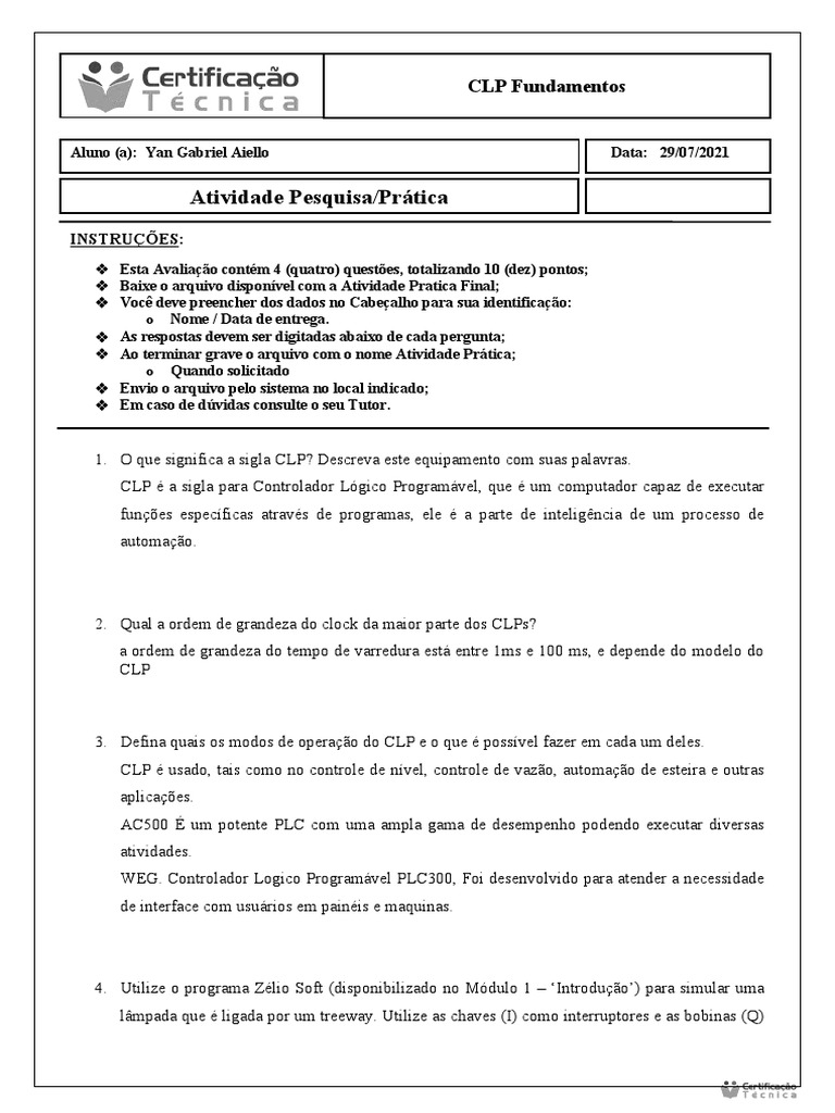 Atividade Pesquisa - Prática - CLP Fundamentos | PDF Atividade Pesquisa - Prática - CLP Fundamentos | PDF