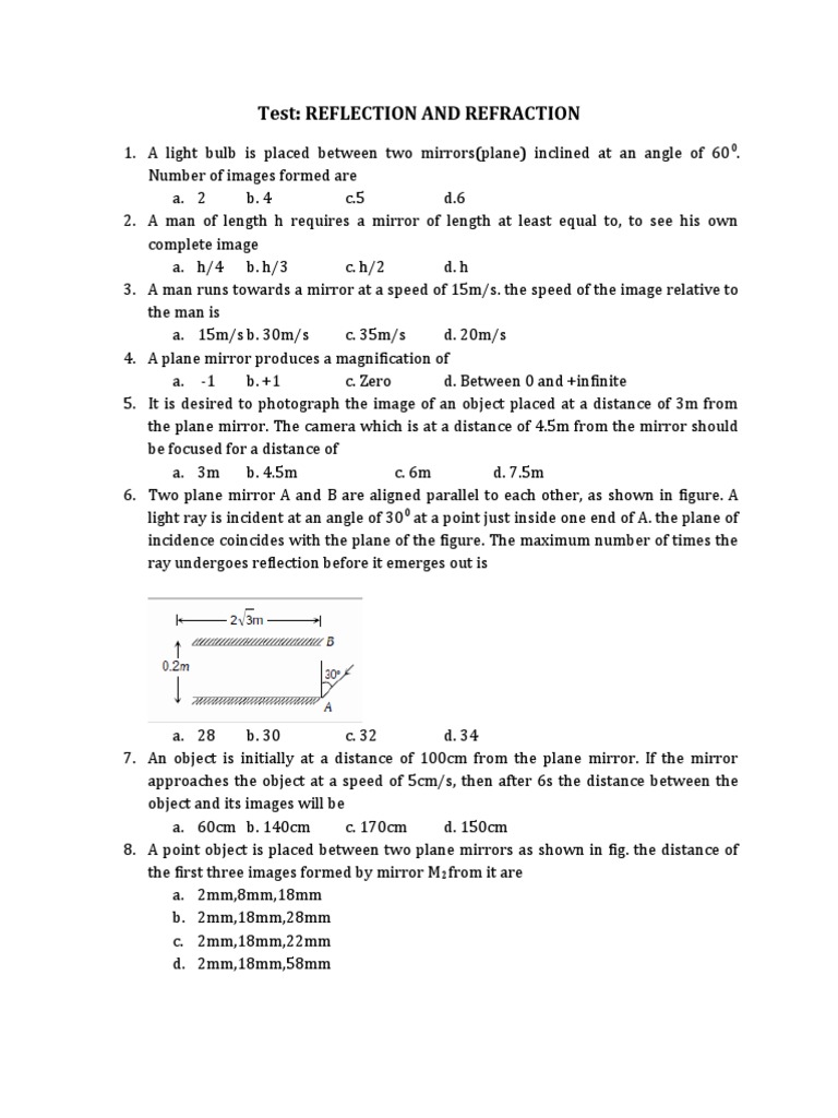 Test: Reflection and Refraction | PDF | Electromagnetic Radiation ...