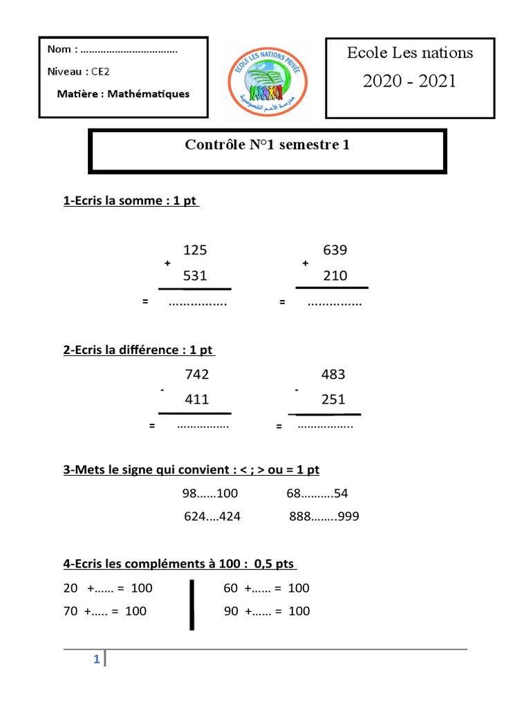 Controle Maths Ce2 | PDF | Méthodes et références pédagogiques ...