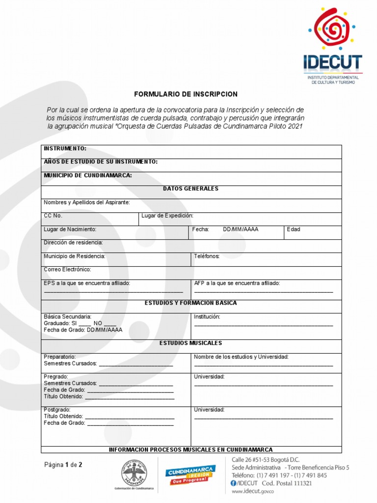 FORMULARIO DE INSCRIPCION RES 413 de 2021 ORQUESTA DE CUERDAS PULSADAS ...