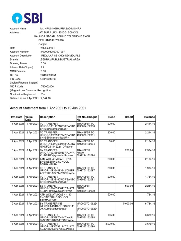 Account Statement From 1 Apr 2021 To 19 Jun 2021: TXN Date Value Date Description Ref No./Cheque ...