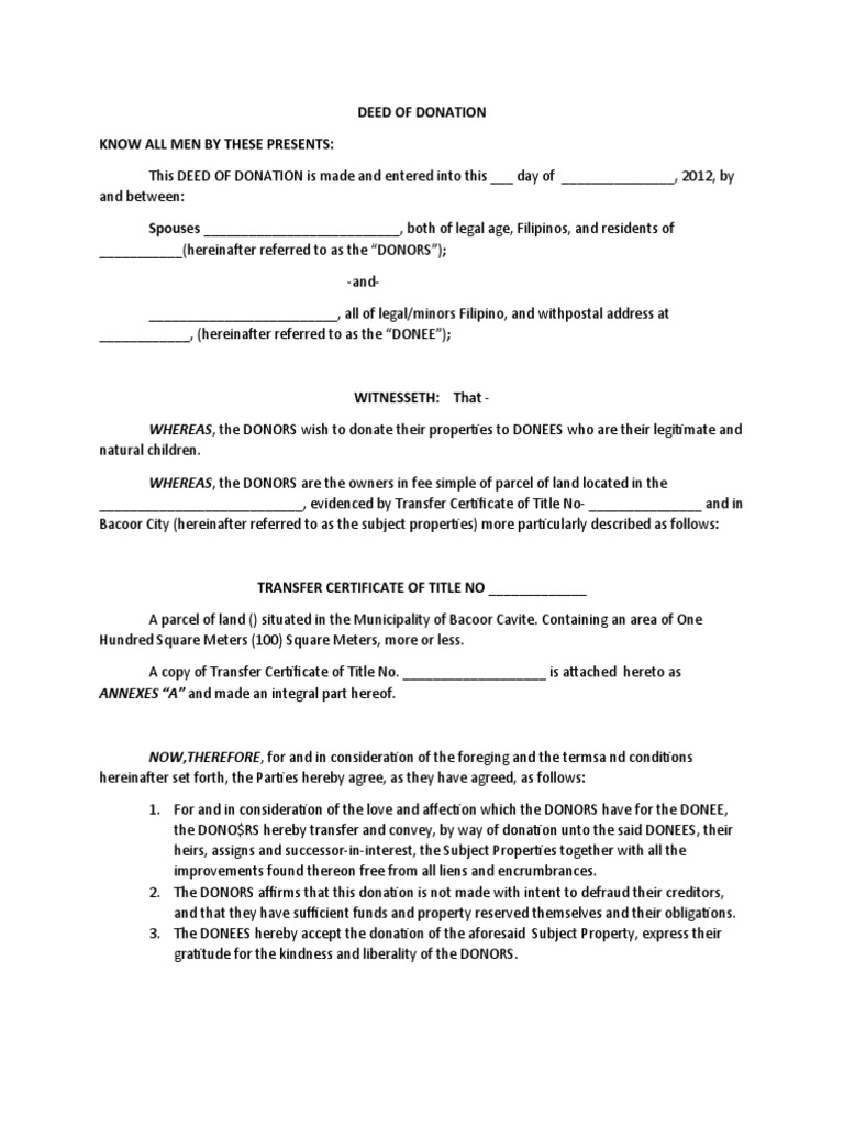 Deed of Donation Know All Men by These Presents | PDF | Deed | Law And ...
