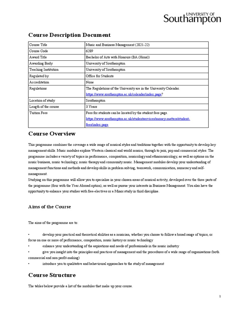 Music and Business Management Course Description | PDF