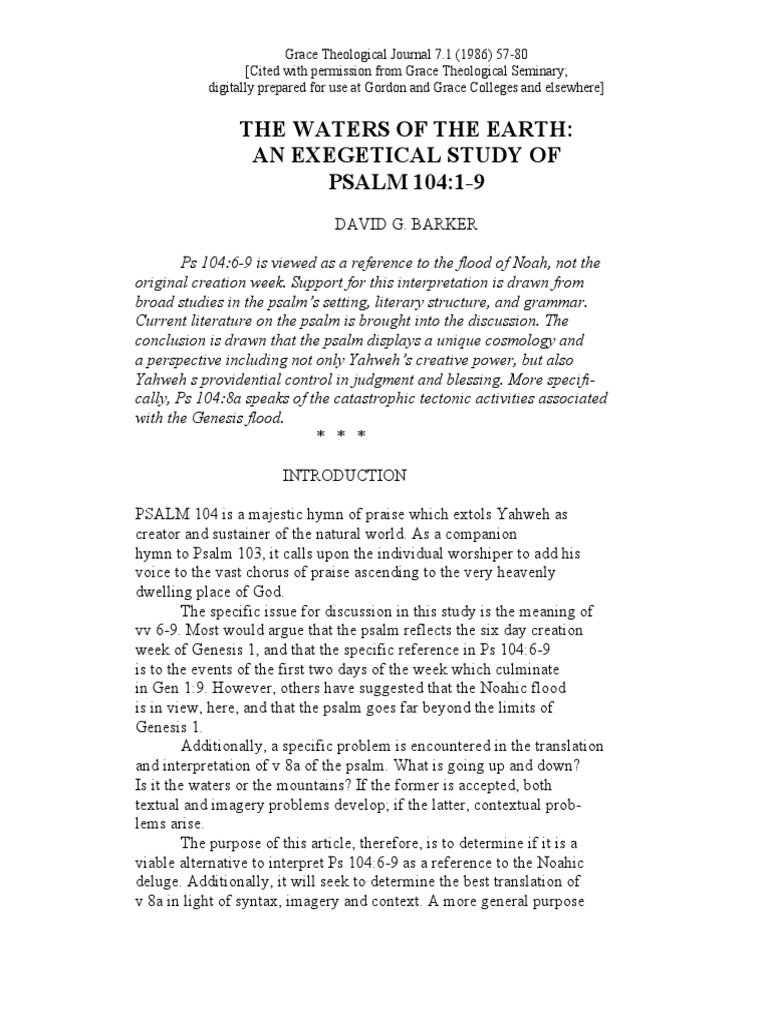 The Waters of The Earth: An Exegetical Study of PSALM 104:1-9 | PDF ...