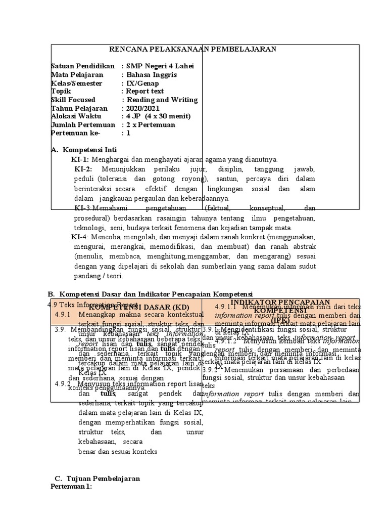 RPP PPL 3 Nursahrina (Report Text) - 1 - Compressed | PDF