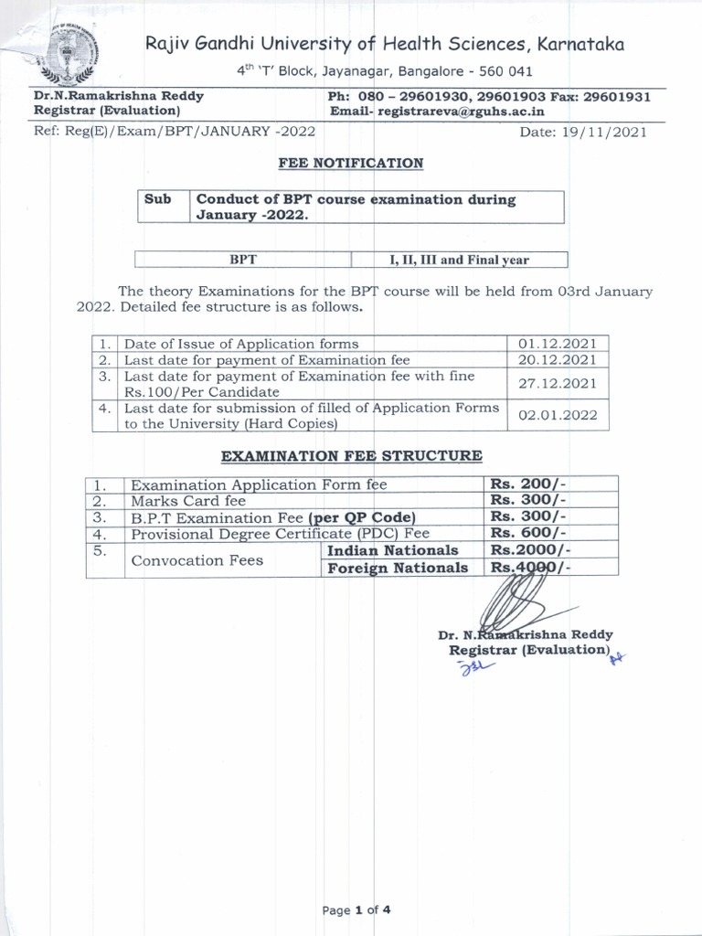 Fees Notification and Time Table of BPT Course Examination-January 2022 ...