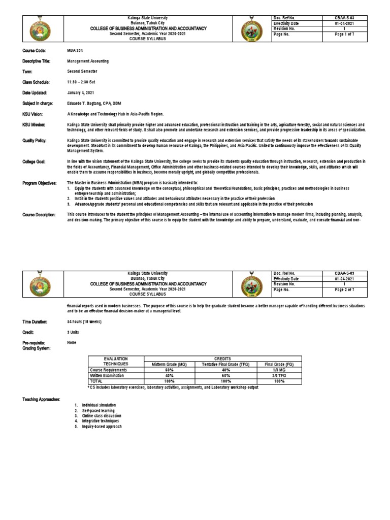 MBA 204 Management Accounting Syllabus | PDF | Management Accounting ...