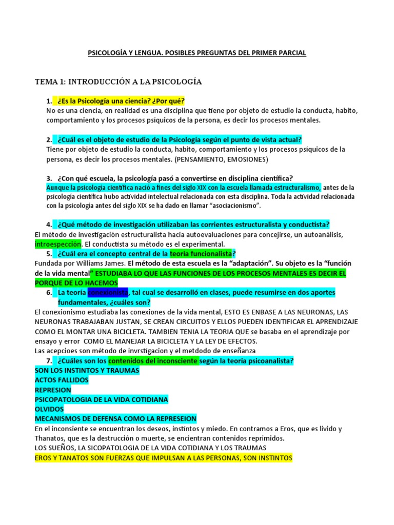 Preguntas para El Primer Examen Oral | Descargar gratis PDF | Sicología ...