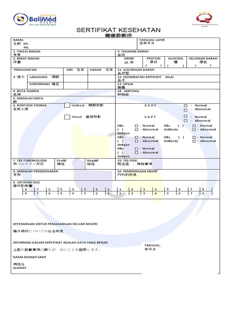 MEDICAL CERTIFICATE LPK LINTAS NEGERI (INDONESIA) (1) Yang Benar | PDF