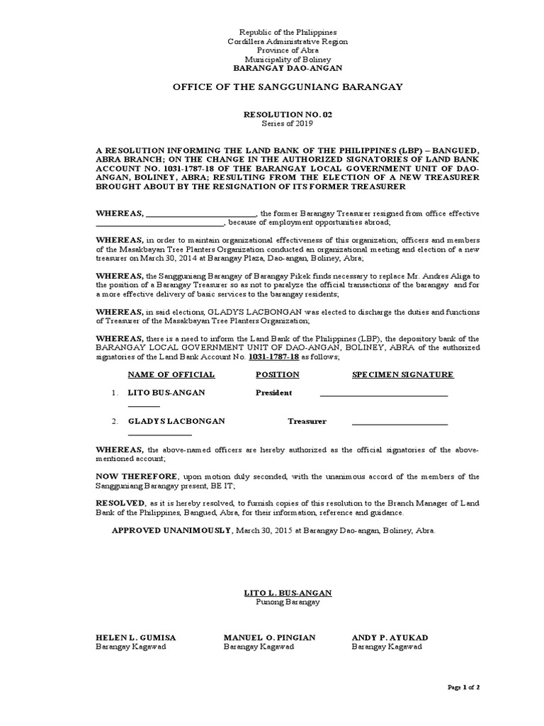 Dao-Angan Reso 02 s.2019 Authorized Signatories | PDF | Banks | Philippines