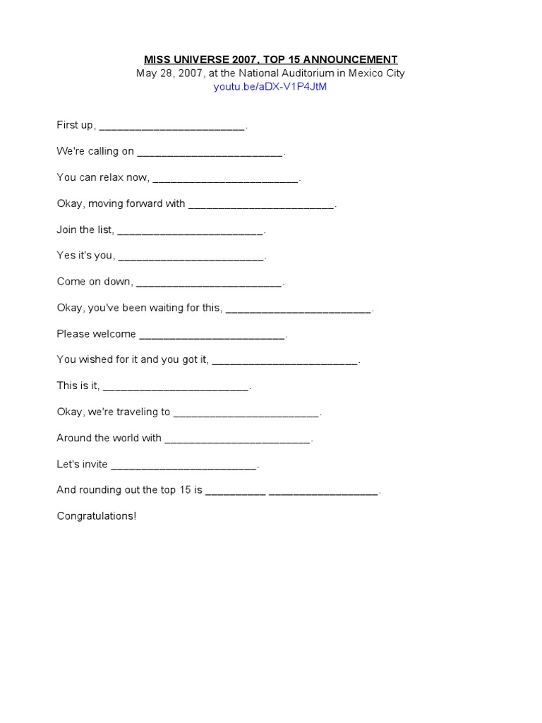 Miss Universe 2007, Top 15 Announcement, Video Script | PDF