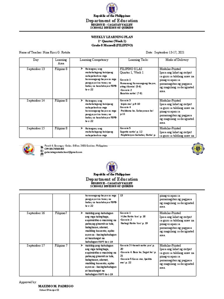 Weekly Plan Filipino 8 | PDF