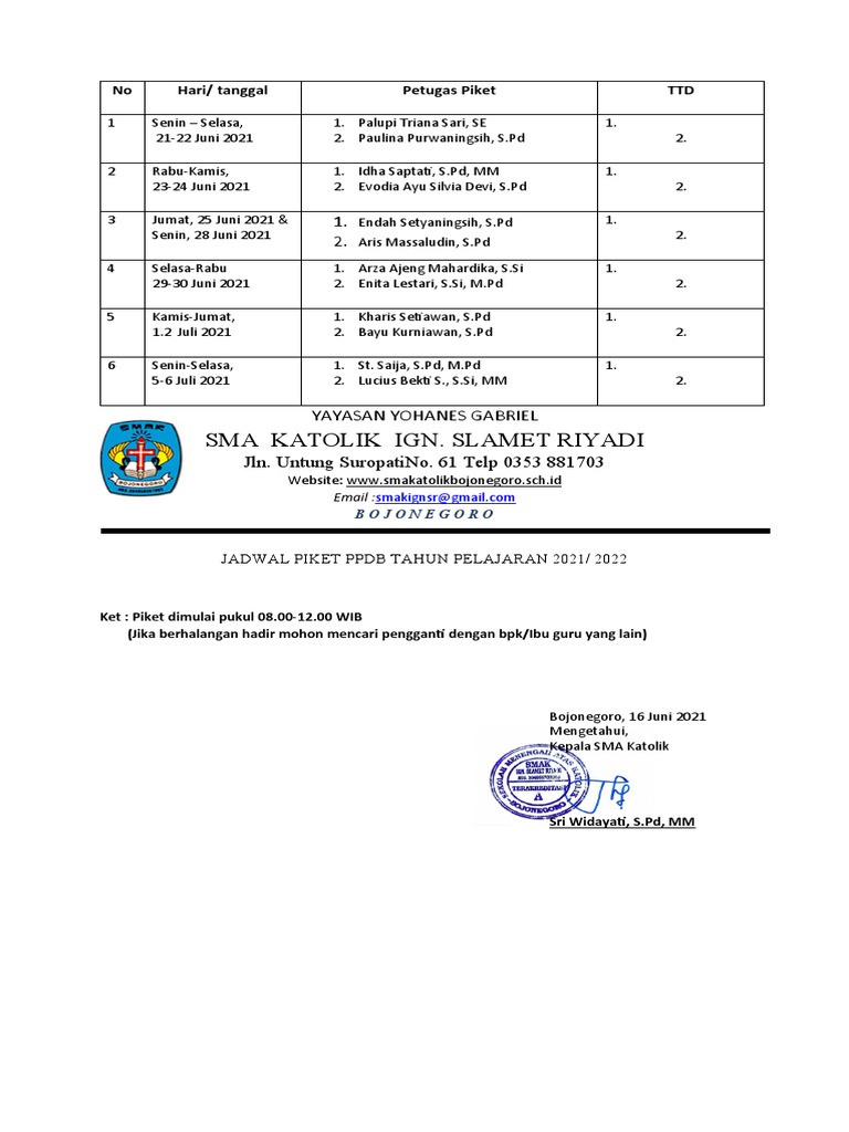 Jadwal Piket PPDB 2021-2022 | PDF