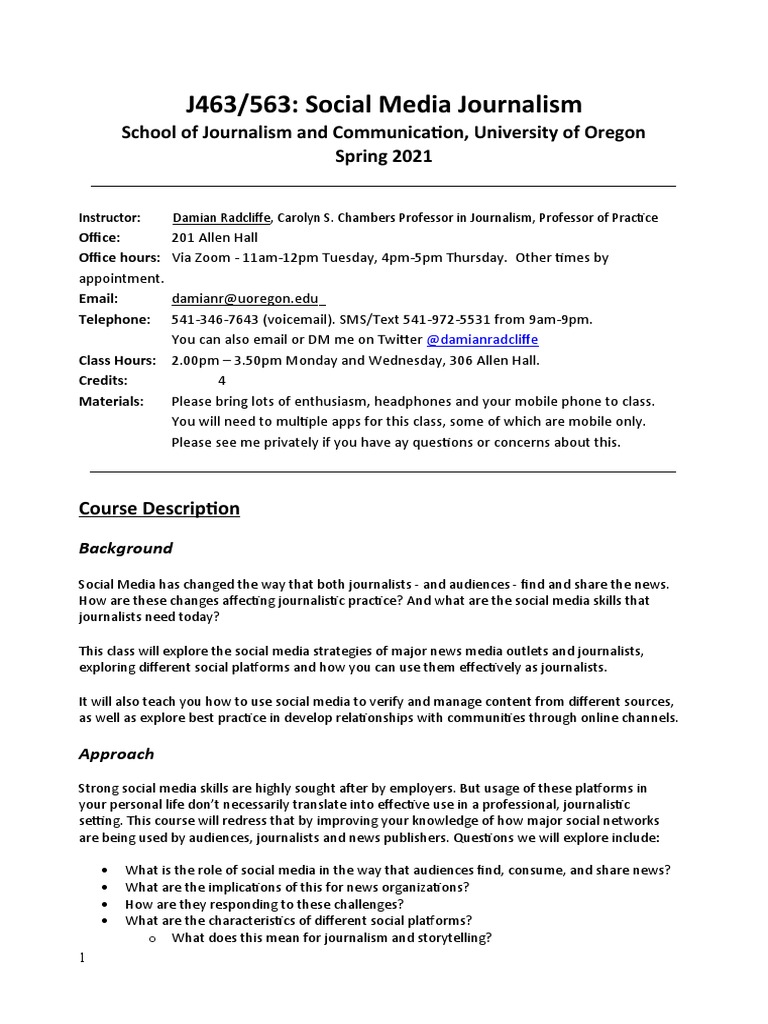 Social Media Journalism Syllabus - Winter 2022 | PDF | Social Media ...