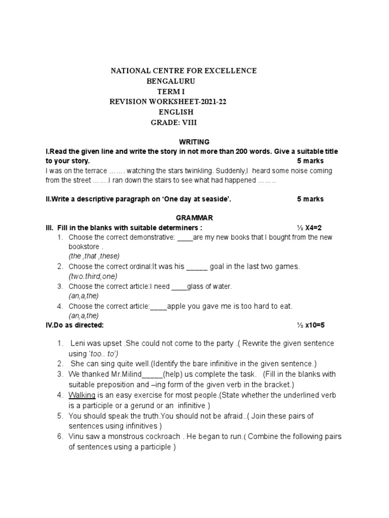 Grade 8 English Grammar Revision Worksheet | PDF | Verb | Language ...