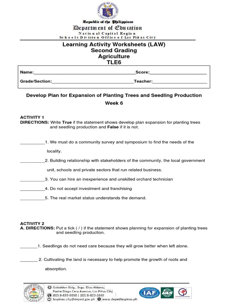 Learning Activity Worksheets (LAW) Second Grading Agriculture Tle6 ...