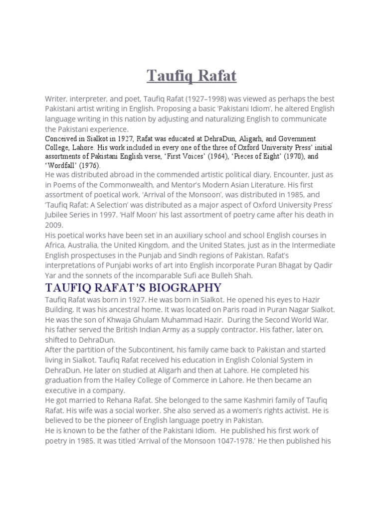 Taufiq Rafat S Biography Pdf Pakistan Sectarianism