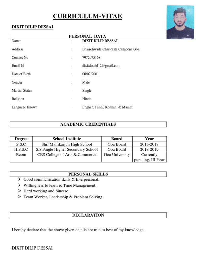 Curriculum-Vitae: Dixit Dilip Dessai Personal Data | PDF