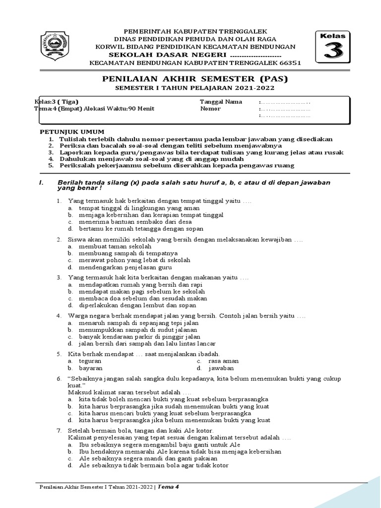 Draf Soal Pas Tema 4 Kelas 3 | PDF | Seni & Disiplin Bahasa