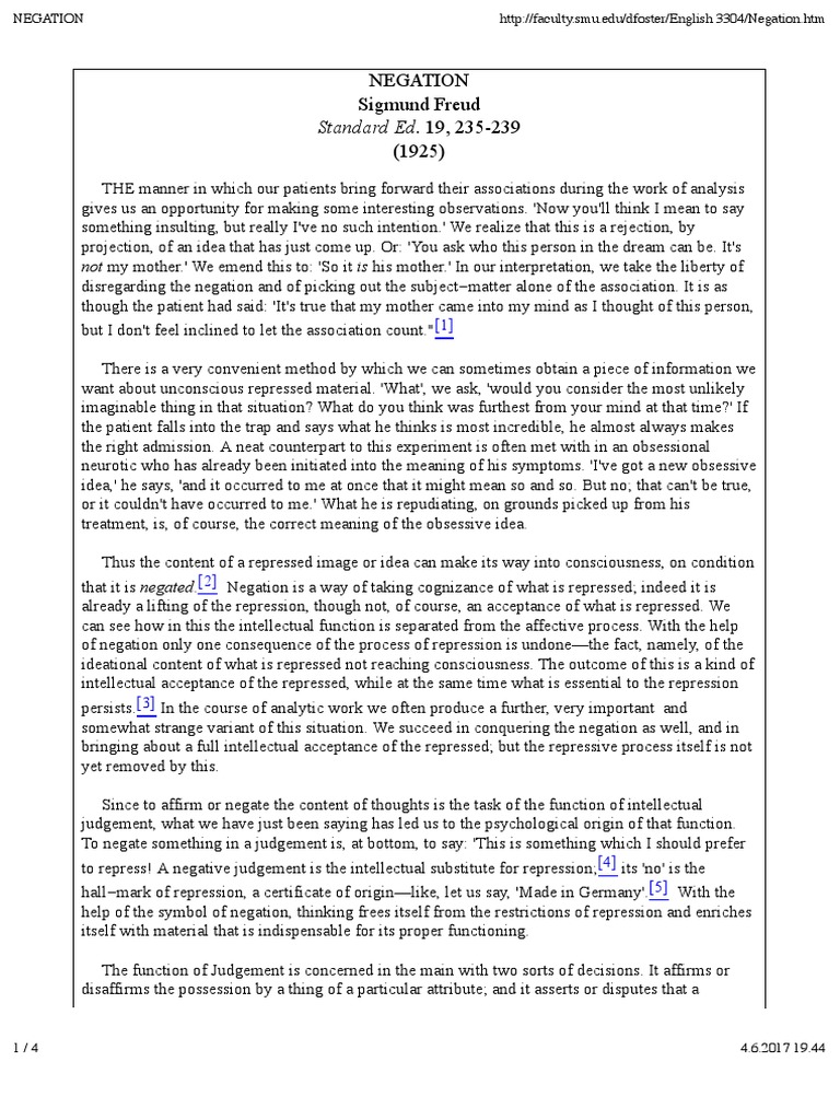 Standard Ed. 19, 235-239: Negation Sigmund Freud (1925) | PDF | Id ...
